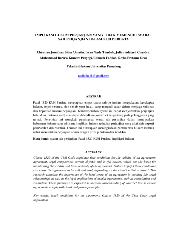 (PDF) IMPLIKASI HUKUM PERJANJIAN YANG TIDAK MEMENUHI SYARAT SAH ...