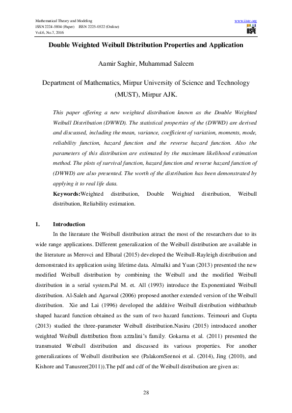 (PDF) Double Weighted Weibull Distribution Properties and Application