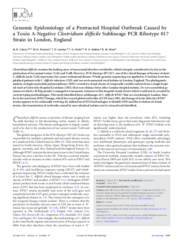 (PDF) Genomic Epidemiology of a Protracted Hospital Outbreak Caused by a Toxin A-Negative ...