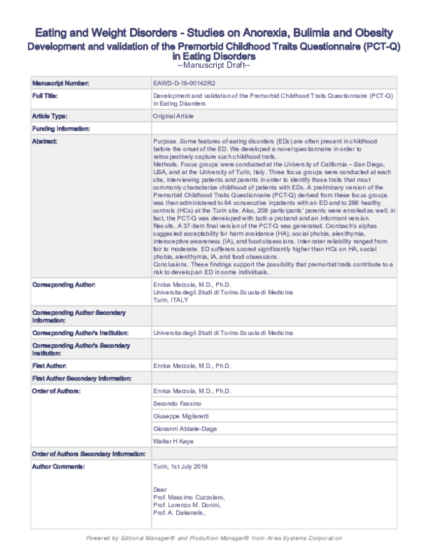 (PDF) Development and validation of the Premorbid Childhood Traits Questionnaire (PCT-Q) in ...