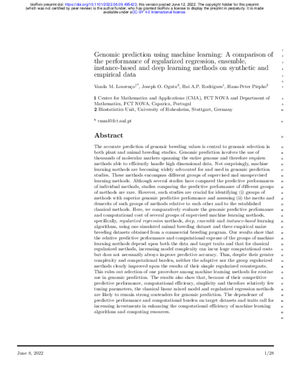 (PDF) Genomic prediction using machine learning: A comparison of the performance of regularized ...