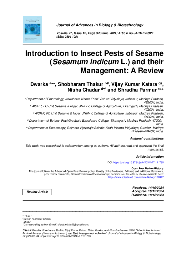 (PDF) Introduction to Insect Pests of Sesame (Sesamum indicum L.) and ...