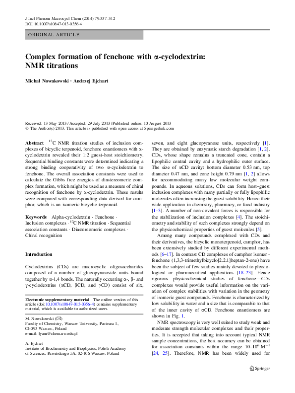 (PDF) Complex formation of fenchone with α-cyclodextrin: NMR titrations