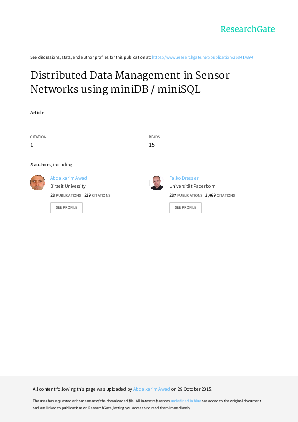 (PDF) Distributed data management in sensor networks using miniDB / miniSQL
