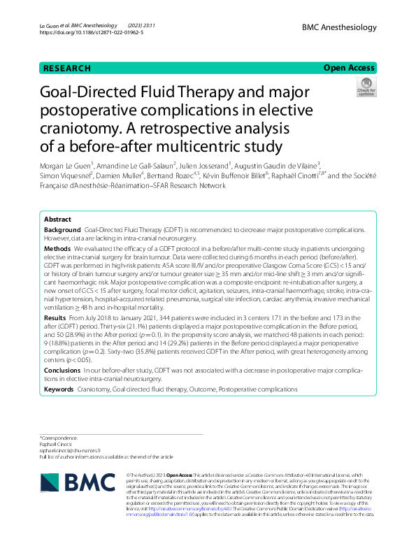 (PDF) Goal-Directed Fluid Therapy and major postoperative complications in elective craniotomy ...
