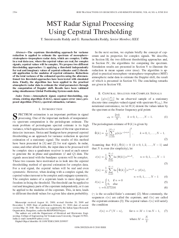 (PDF) MST Radar Signal Processing Using Cepstral Thresholding