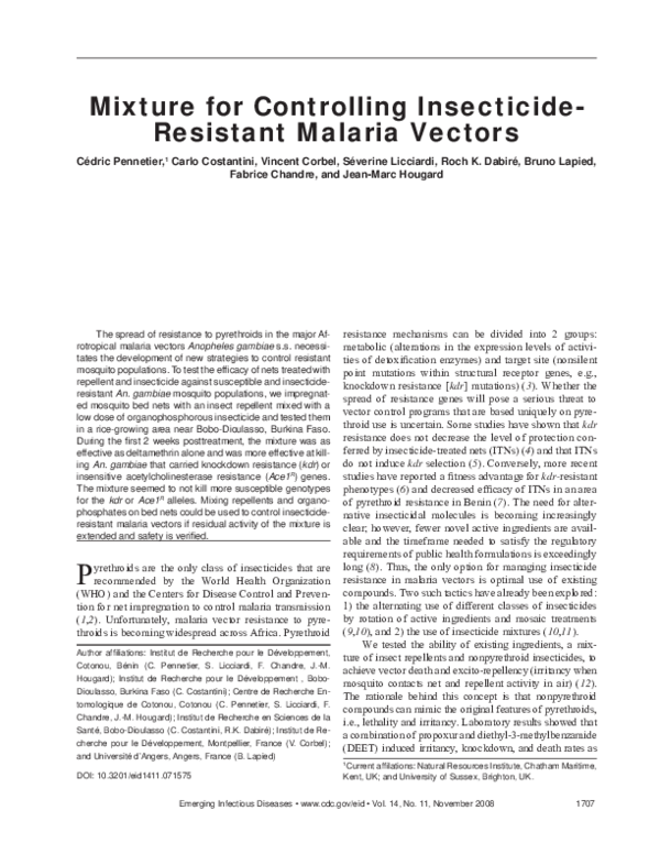 (PDF) Mixture for Controlling Insecticide-Resistant Malaria Vectors