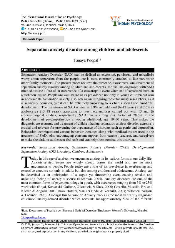 (PDF) Separation anxiety disorder among children and adolescents