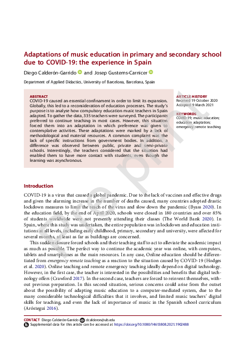 (PDF) Adaptations of music education in primary and secondary school ...
