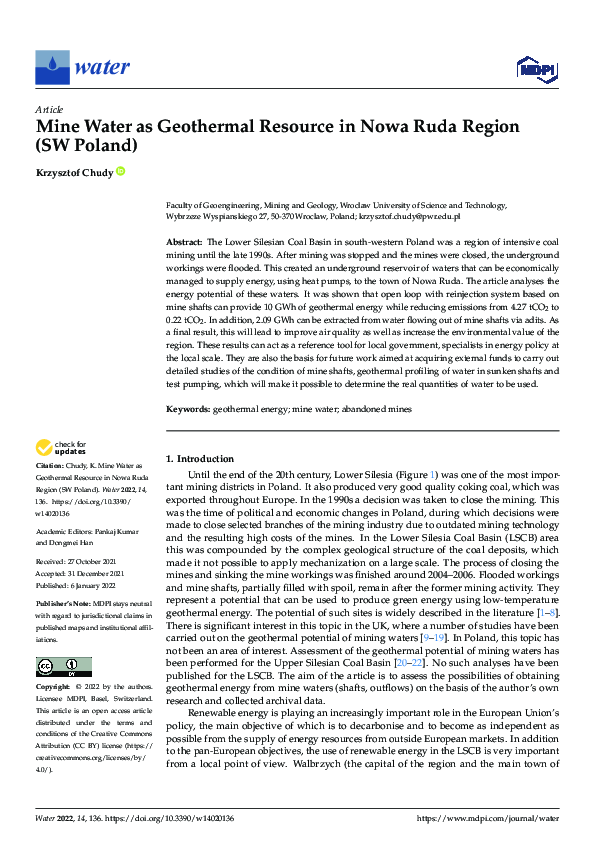 (PDF) Mine Water as Geothermal Resource in Nowa Ruda Region (SW Poland)