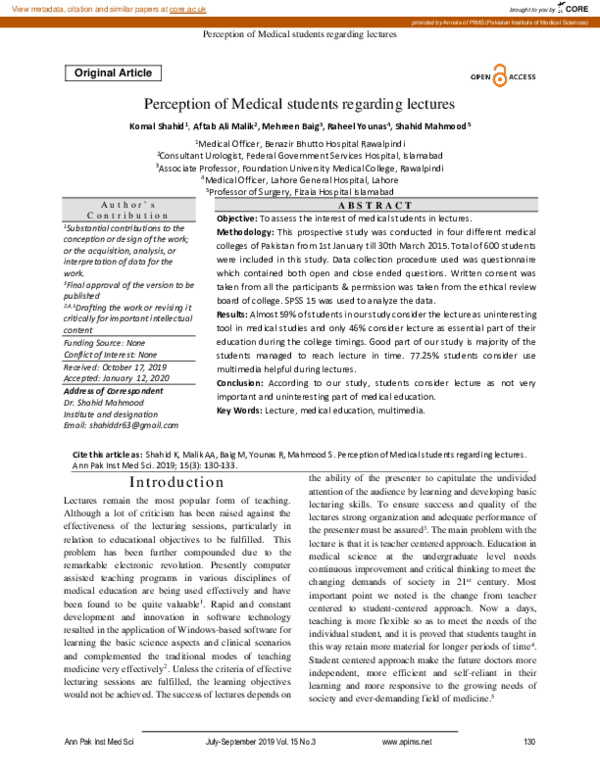 (PDF) Perception of Medical students regarding lectures | KOMAL SHAHID ...