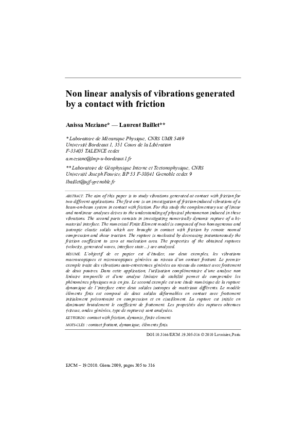 (PDF) Non linear analysis of vibrations generated by a contact with friction