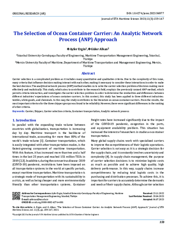 Pdf Selection Of Ocean Container Carrier An Analytic Network Process Anp Approach