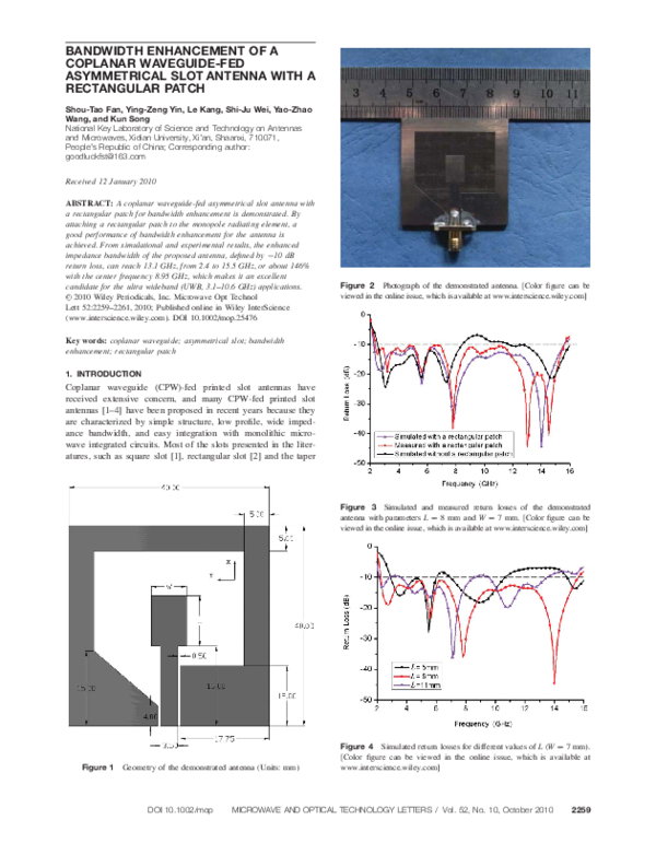 Pdf Bandwidth Enhancement Of A Coplanar Waveguide Fed Asymmetrical Slot Antenna With A