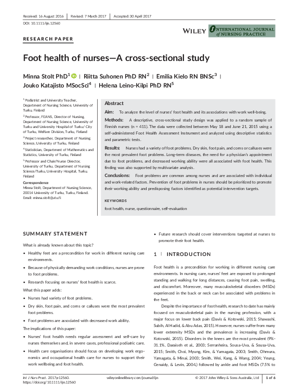 (PDF) Foot health of nurses-A cross-sectional study