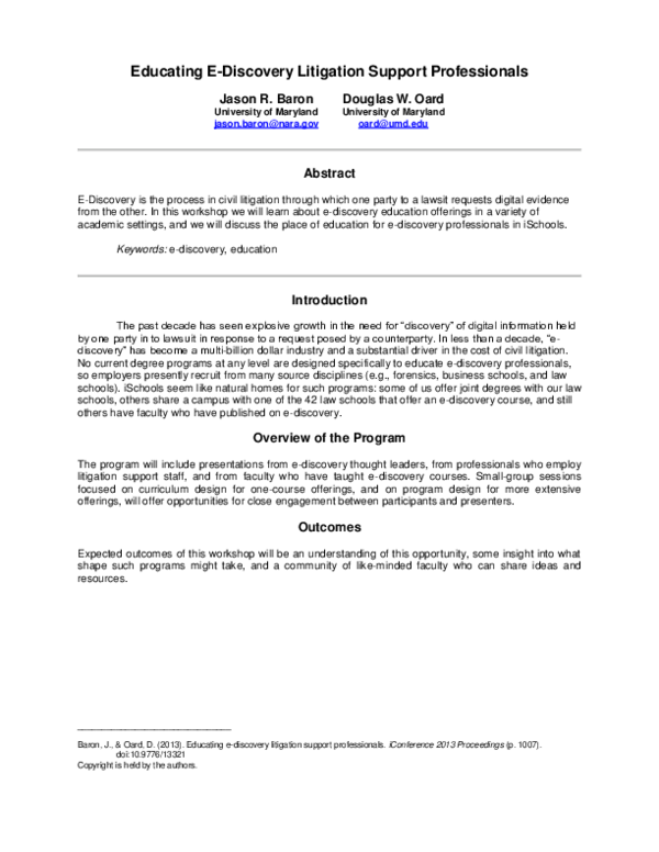 (PDF) Educating e-discovery litigation support professionals