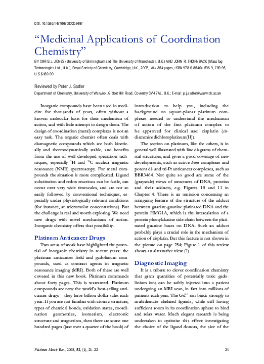 (PDF) Medicinal Applications of Coordination Chemistry