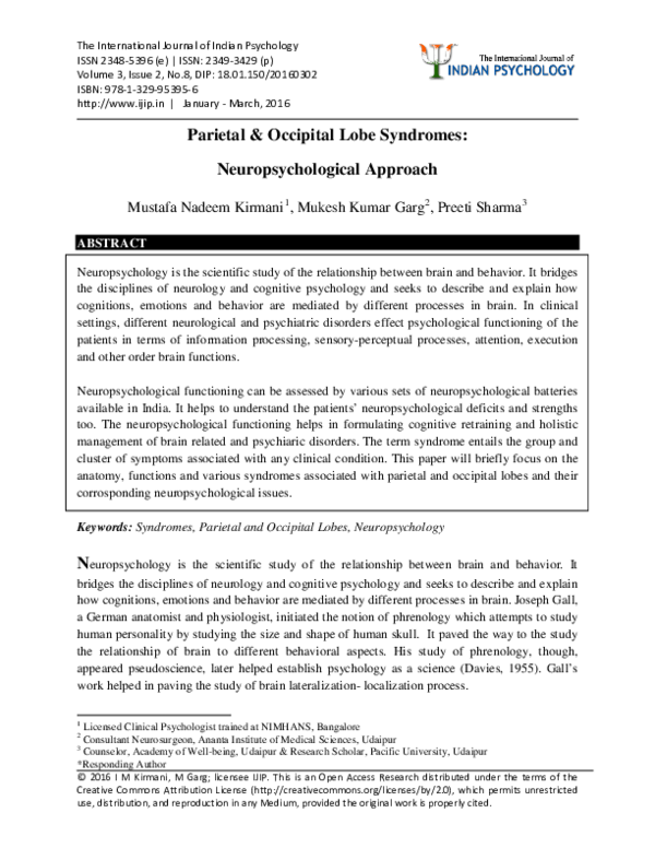(PDF) Parietal Occipital Lobe Syndromes: Neuropsychological Approach