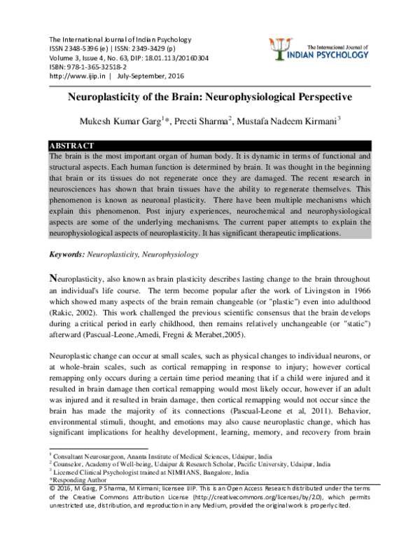 (PDF) Neuroplasticity of the Brain: Neurophysiological Perspective