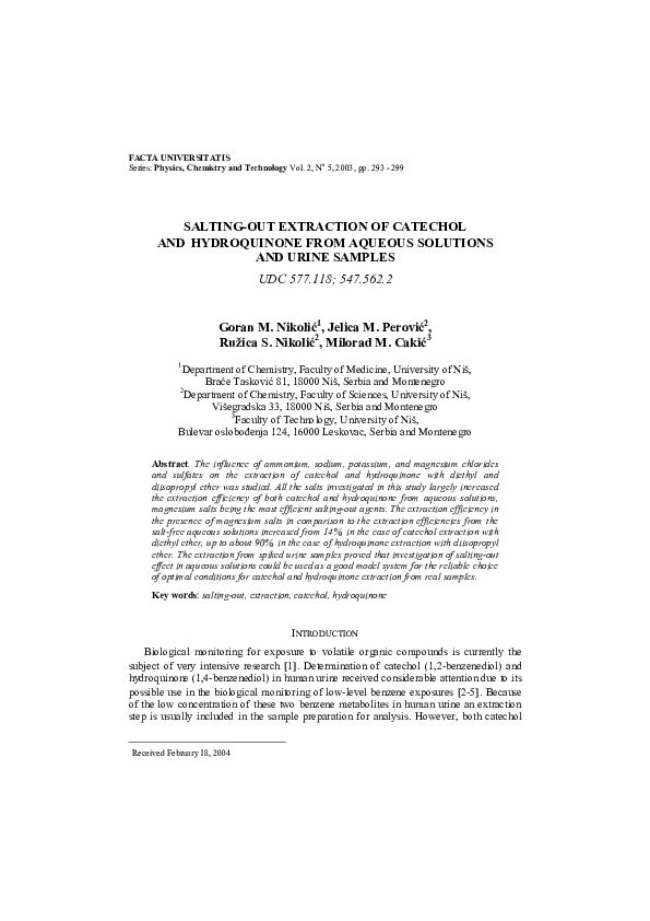 (PDF) Salting-out extraction of catechol and hydroquinone from aqueous ...