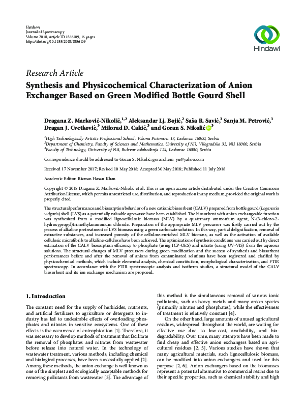 (PDF) Synthesis and Physicochemical Characterization of Anion Exchanger Based on Green Modified ...