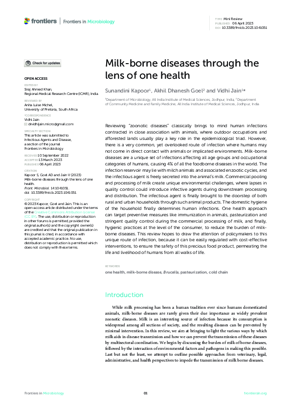 (PDF) Milk-borne diseases through the lens of one health