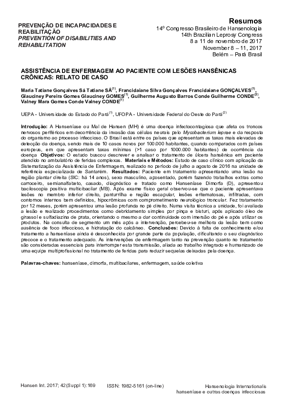 (PDF) ASSISTÊNCIA DE ENFERMAGEM AO PACIENTE COM LESÕES HANSÊNICAS CRÔNICAS: RELATO DE CASO UEPA ...