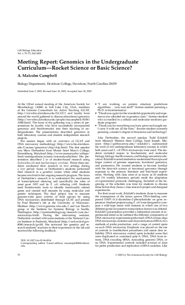 (PDF) Meeting Report: Genomics in the Undergraduate Curriculum—Rocket ...