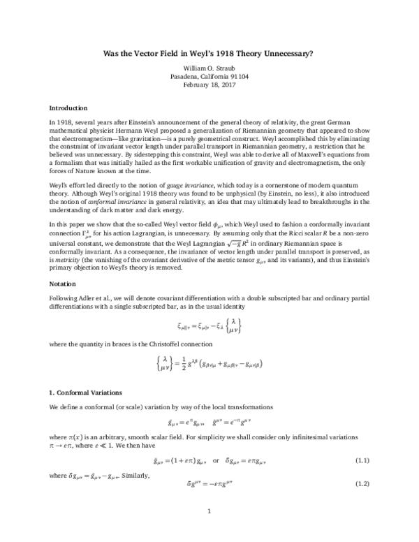 (PDF) Was the Vector Field in Weyl's 1918 Theory Unnecessary?