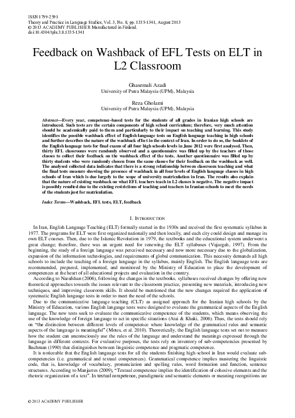 (PDF) Feedback on Washback of EFL Tests on ELT in L2 Classroom