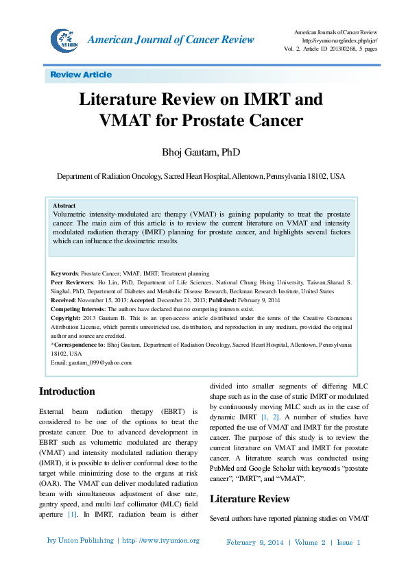(PDF) Literature Review on IMRT and VMAT for Prostate Cancer