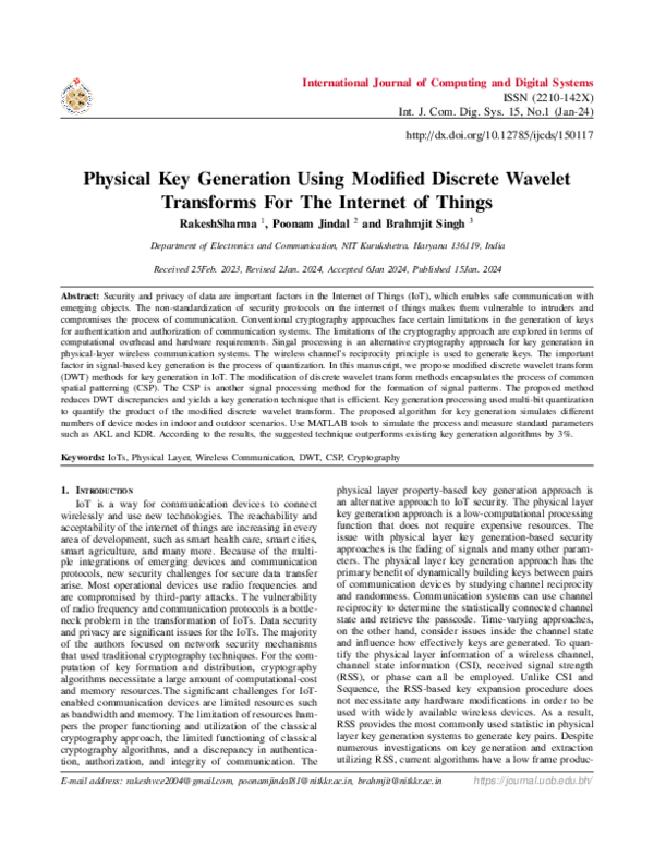 Pdf Physical Key Generation Using Modified Discrete Wavelet Transforms For The Internet Of Things