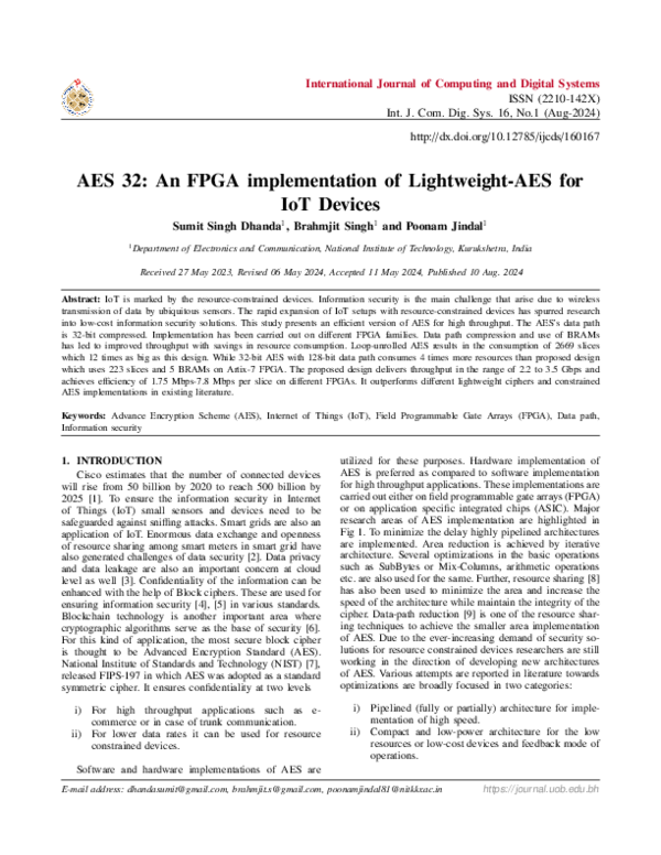 (PDF) AES 32: An FPGA implementation of Lightweight-AES for IoT Devices