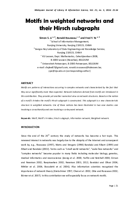 (PDF) Motifs in weighted networks and their Hirsch subgraphs | Fred Y. Ye - Academia.edu