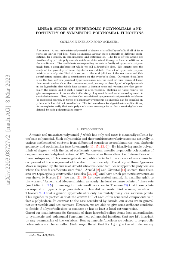 (PDF) Linear slices of hyperbolic polynomials and positivity of symmetric polynomial functions