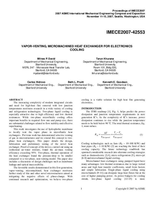 (PDF) Vapor-Venting, Micromachined Heat Exchanger for Electronics Cooling