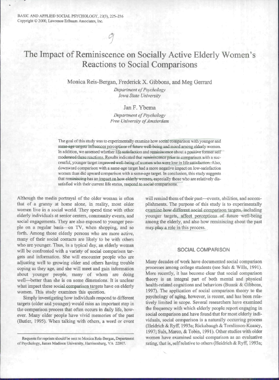 (PDF) The Impact of Reminiscence on Socially Active Elderly Women's Reactions to Social Comparisons