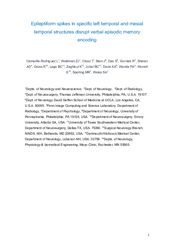 (PDF) Epileptiform spikes in specific left temporal and mesial temporal structures disrupt ...