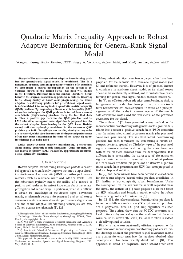 (PDF) Quadratic Matrix Inequality Approach to Robust Adaptive Beamforming for General-Rank ...