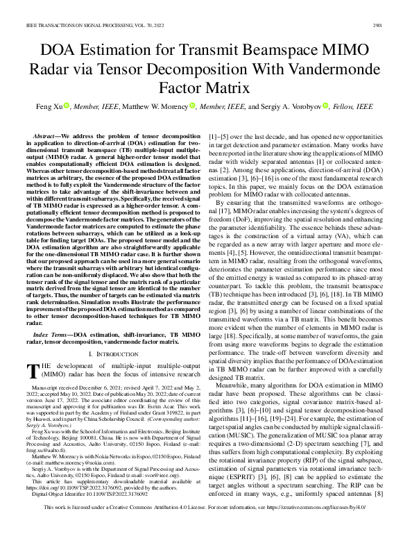 (PDF) DOA Estimation for Transmit Beamspace MIMO Radar via Tensor Decomposition With Vandermonde ...