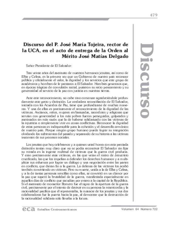 (PDF) Discurso del P. José María Tojeira, rector de la UCA, en el acto de entrega de la Orden al ...