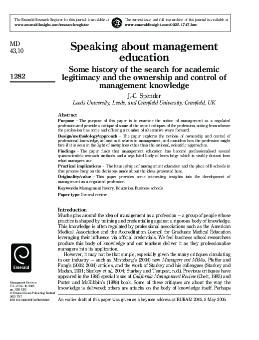 (PDF) Speaking about management education