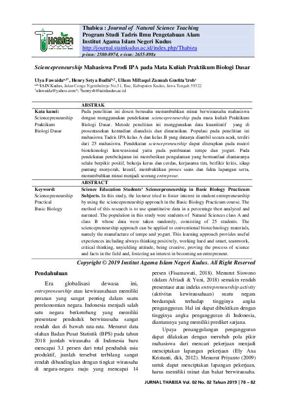 (PDF) Sciencepreneurship Mahasiswa Prodi Ipa Pada Mata Kuliah Praktikum Biologi Dasar