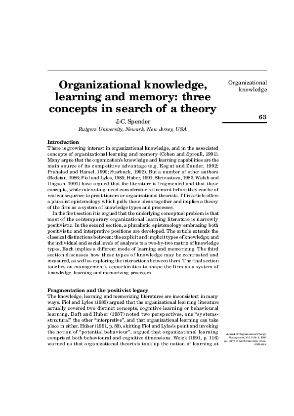 (PDF) Organizational knowledge, learning and memory: three concepts in search of a theory