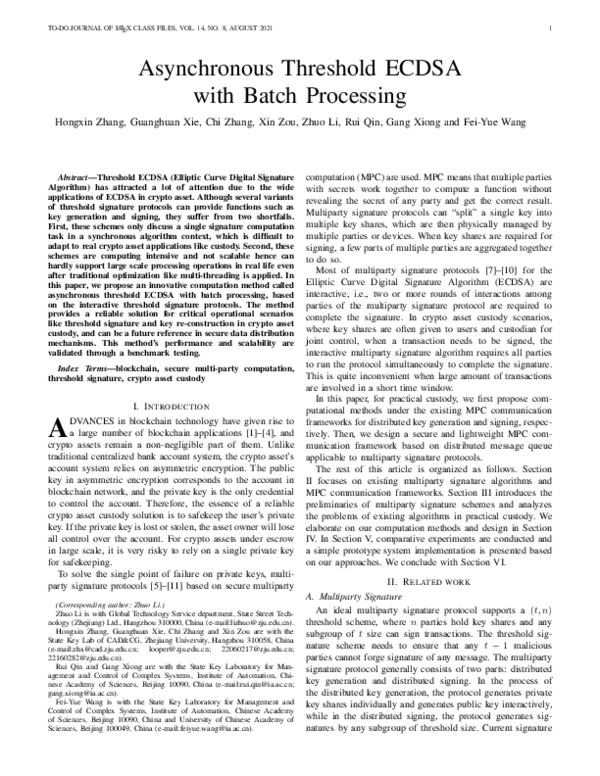 (PDF) Asynchronous Threshold ECDSAwith Batch Processing