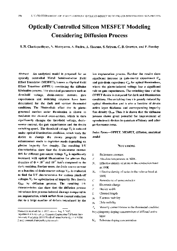 (PDF) Optically Controlled Silicon MESFET Modeling Considering ... (PDF) Optically Controlled Silicon MESFET Modeling Considering ...