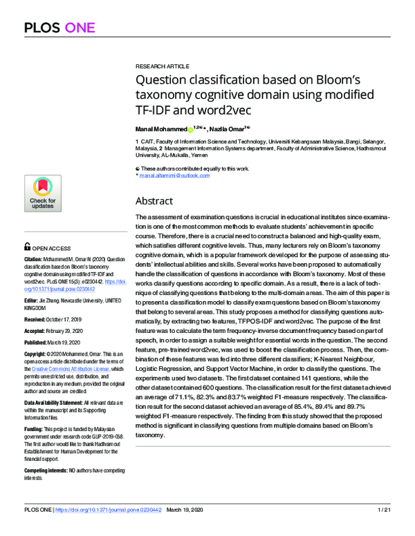 (PDF) Question classification based on Bloom’s taxonomy cognitive ...