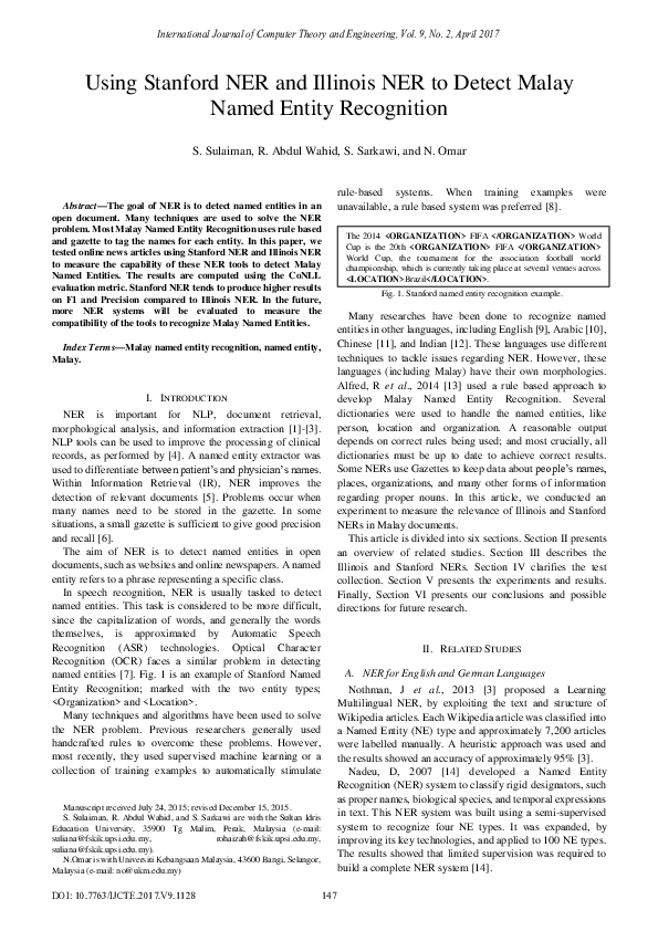 (PDF) Using Stanford NER and Illinois NER to Detect Malay Named Entity Recognition