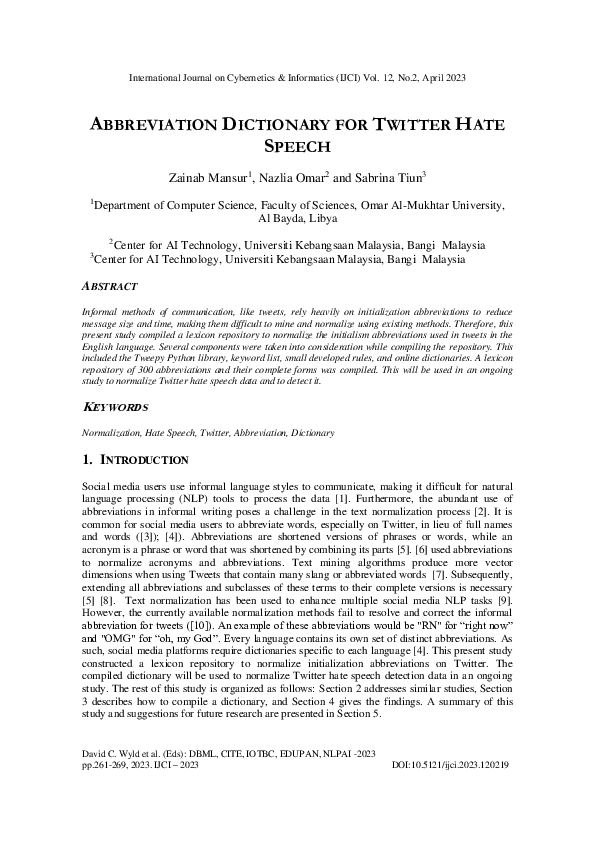 (PDF) Abbreviation Dictionary for Twitter Hate Speech