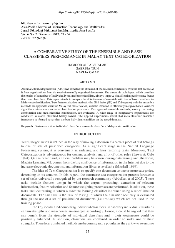 (PDF) A Comparative Study of The Ensemble and Base Classifiers Performance in Malay Text ...
